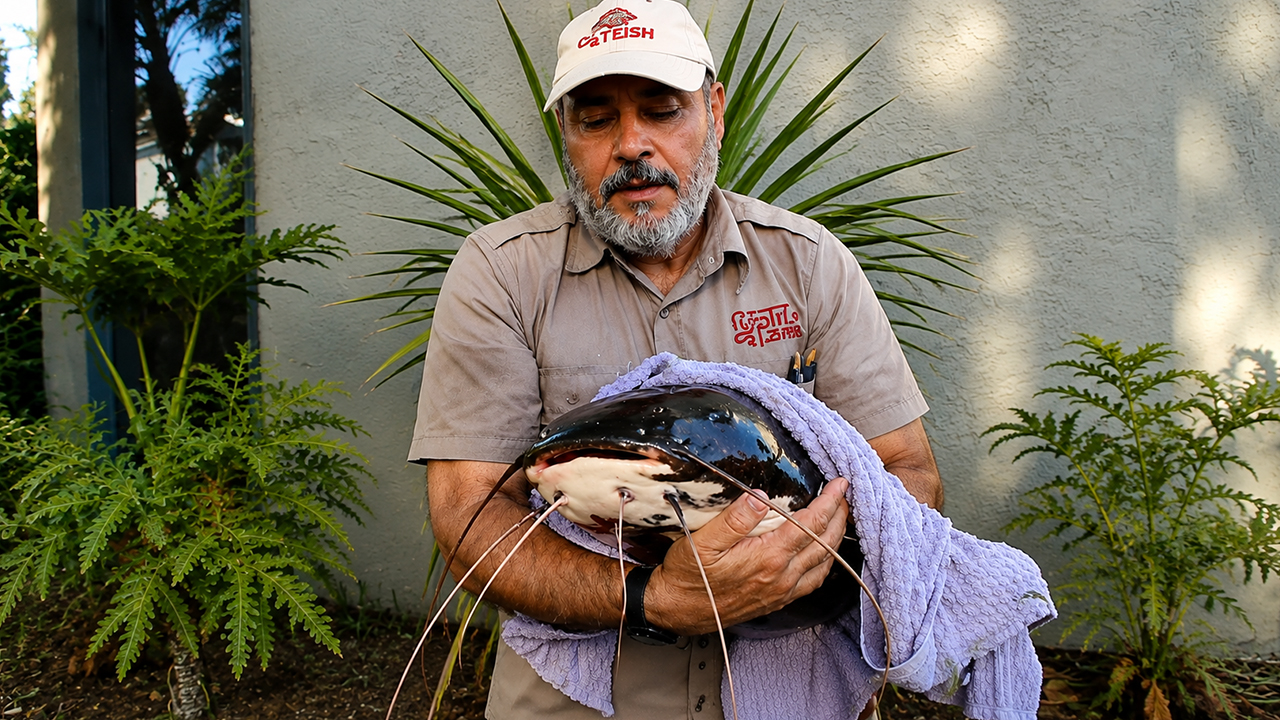 Moving a 100 pound monster catfish requires heavy slings and team prep