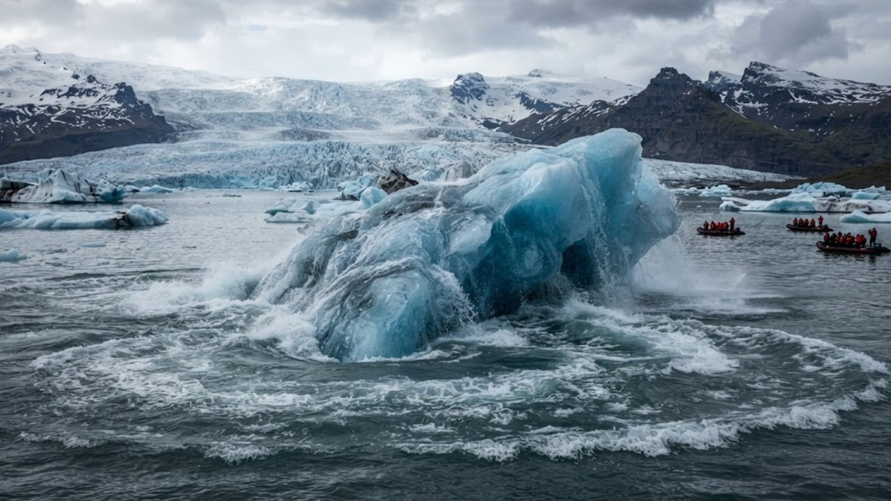 Giant Iceland iceberg flip creates mini tsunami waves