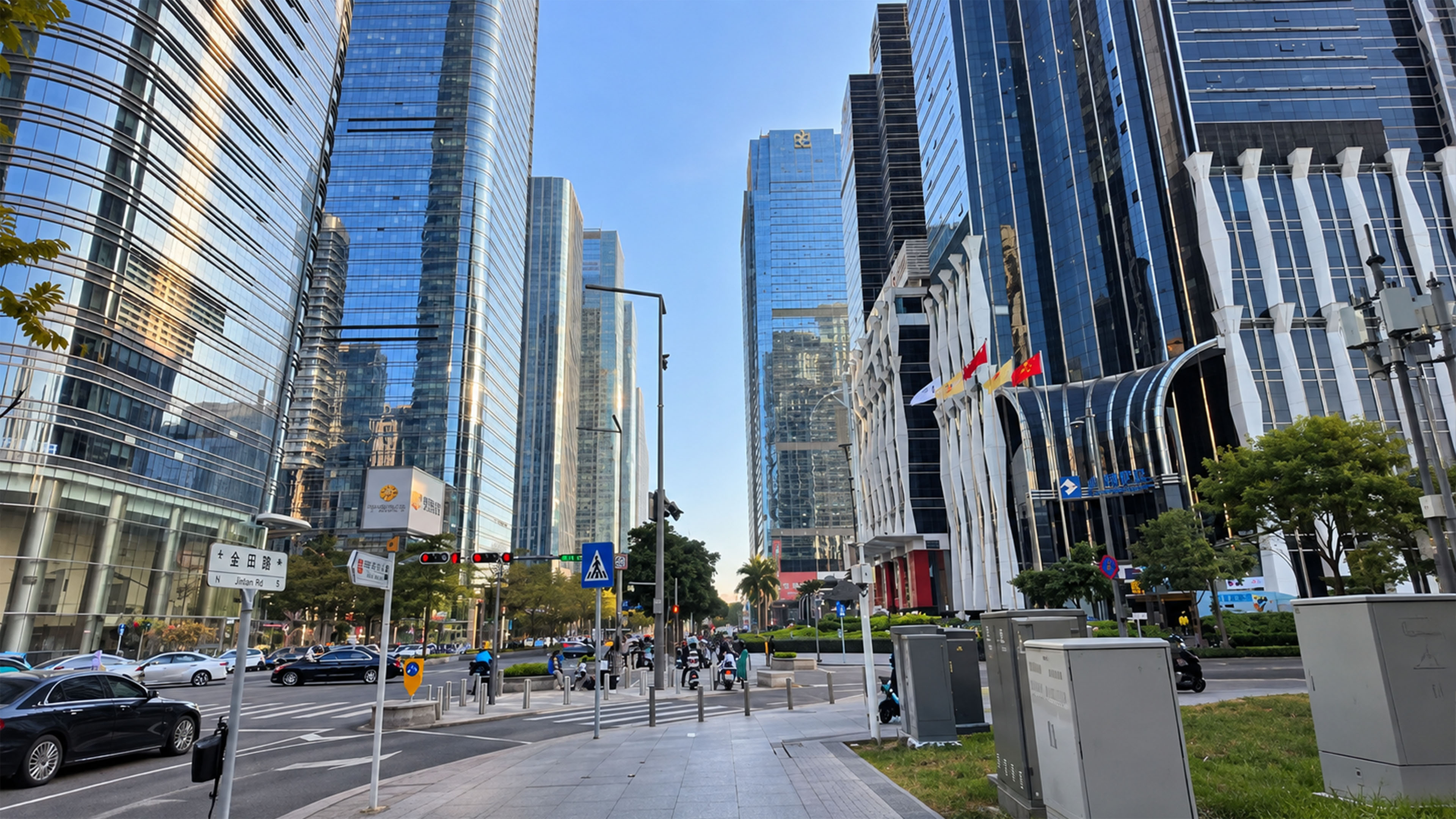 Walking between the high rise towers of Shenzhen China