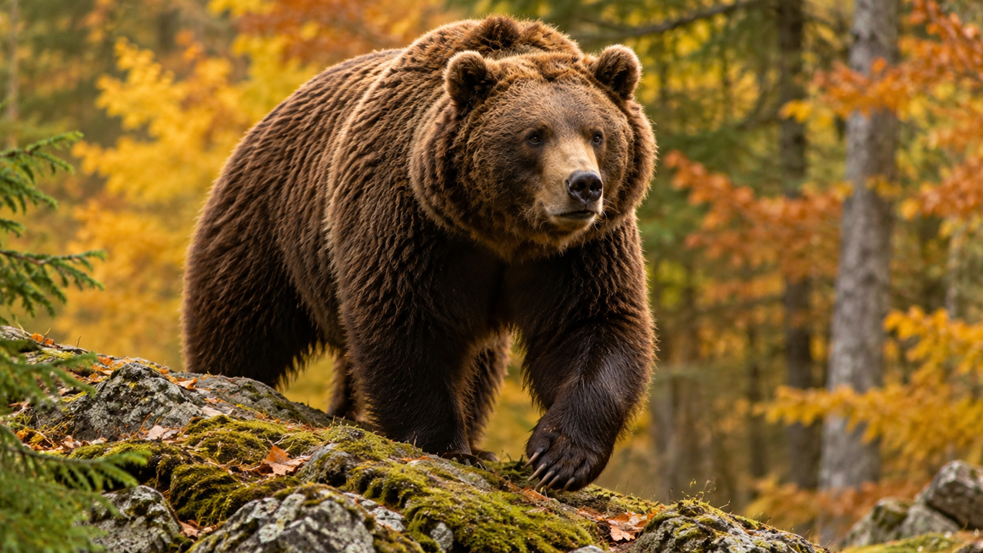 Hidden Camera Captures A Brown Bear Walking Through An Autumn Forest 3425