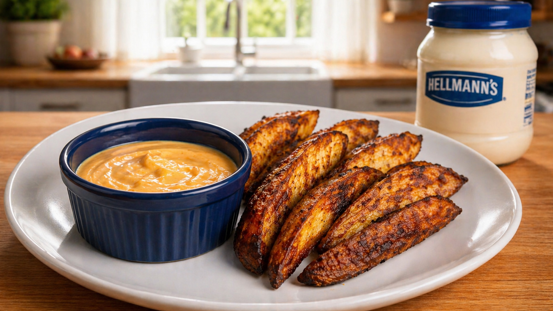 Crispy potato wedges with creamy spicy mayo