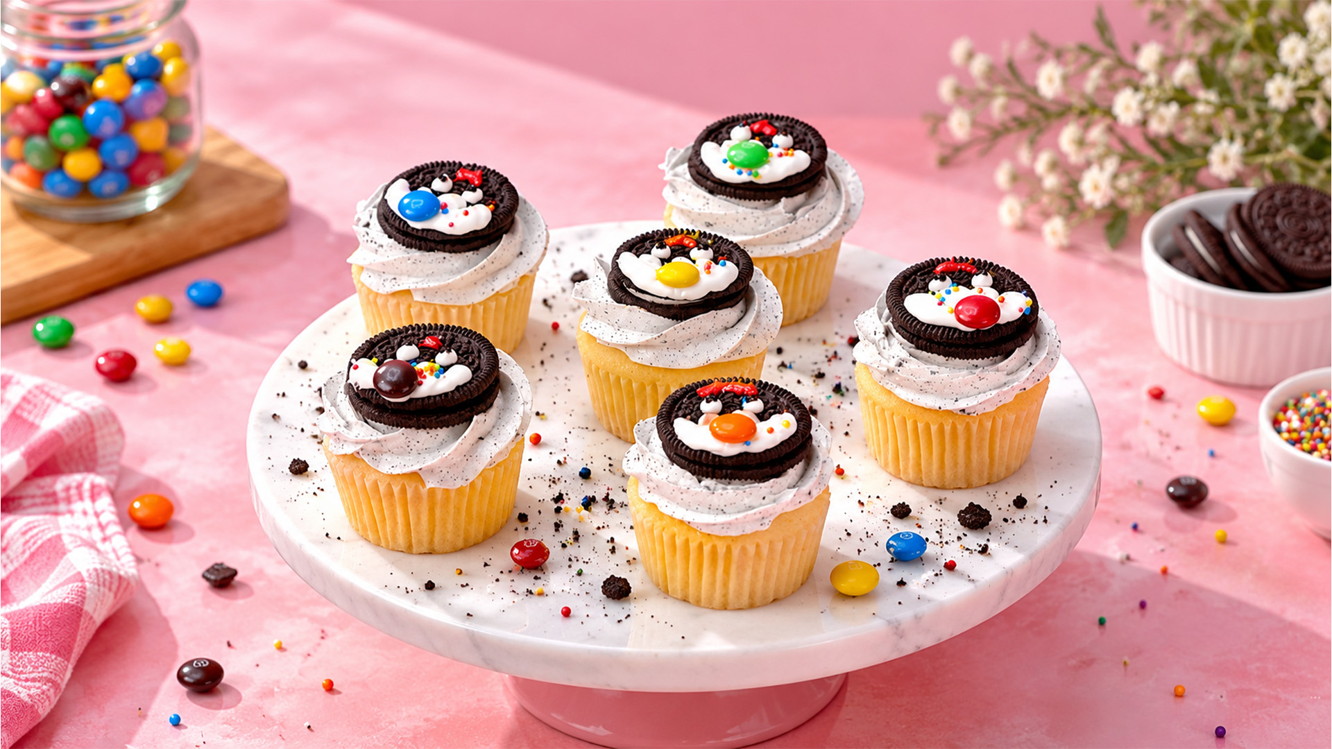 Vanilla cupcakes crowned with cookies and candy