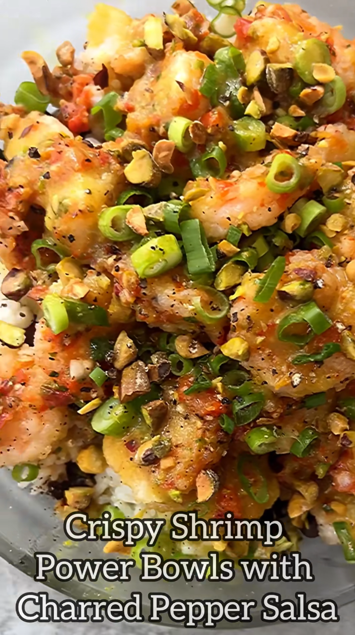 Crispy shrimp bowls with roasted pepper sauce