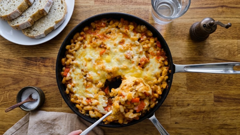 Cheesy white bean tomato bake that’s easy and comforting