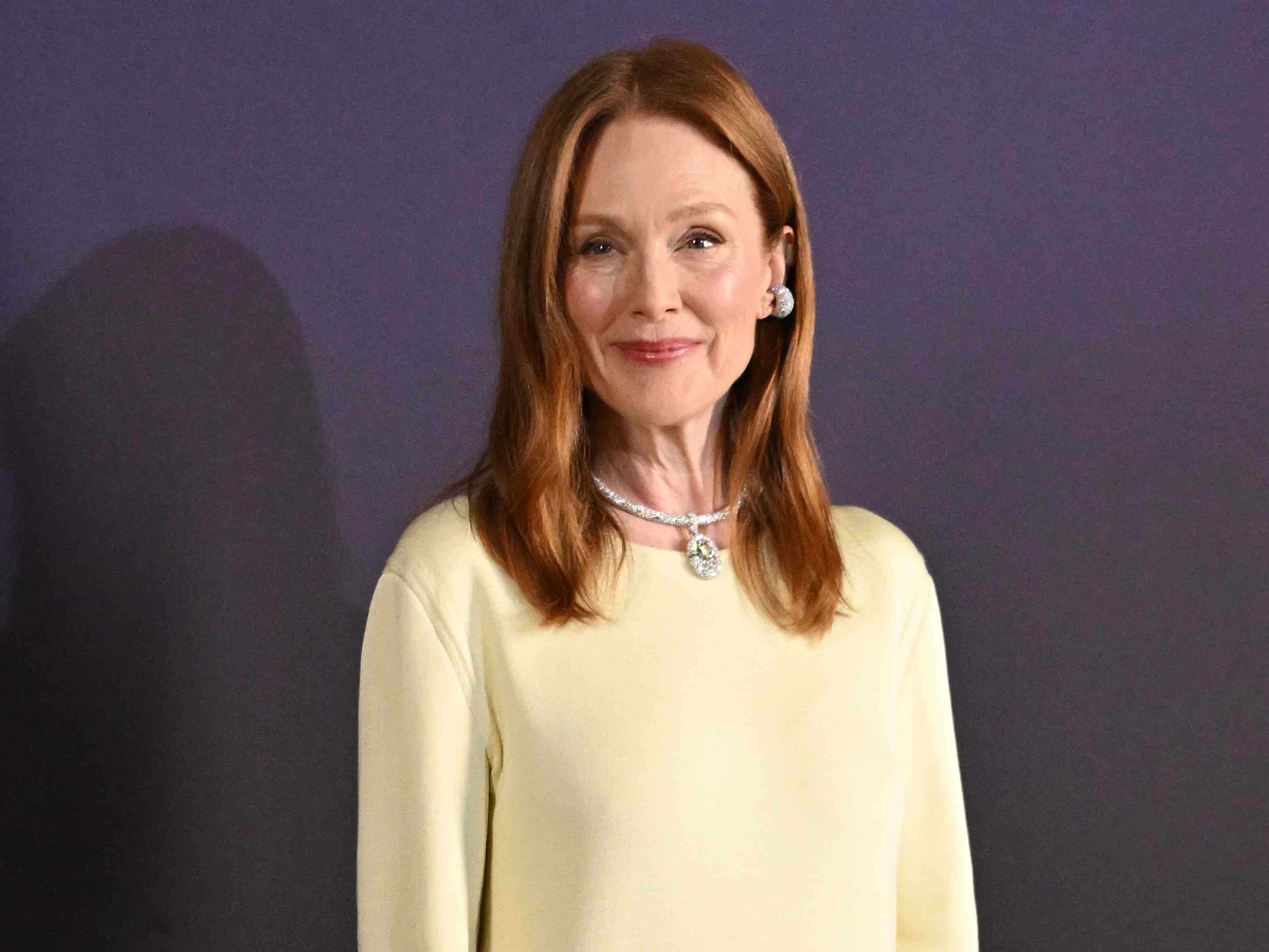 Julianne Moore wears a slinky black slip dress with dazzling diamonds ...
