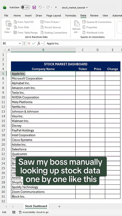Converting text into live stock data in Excel