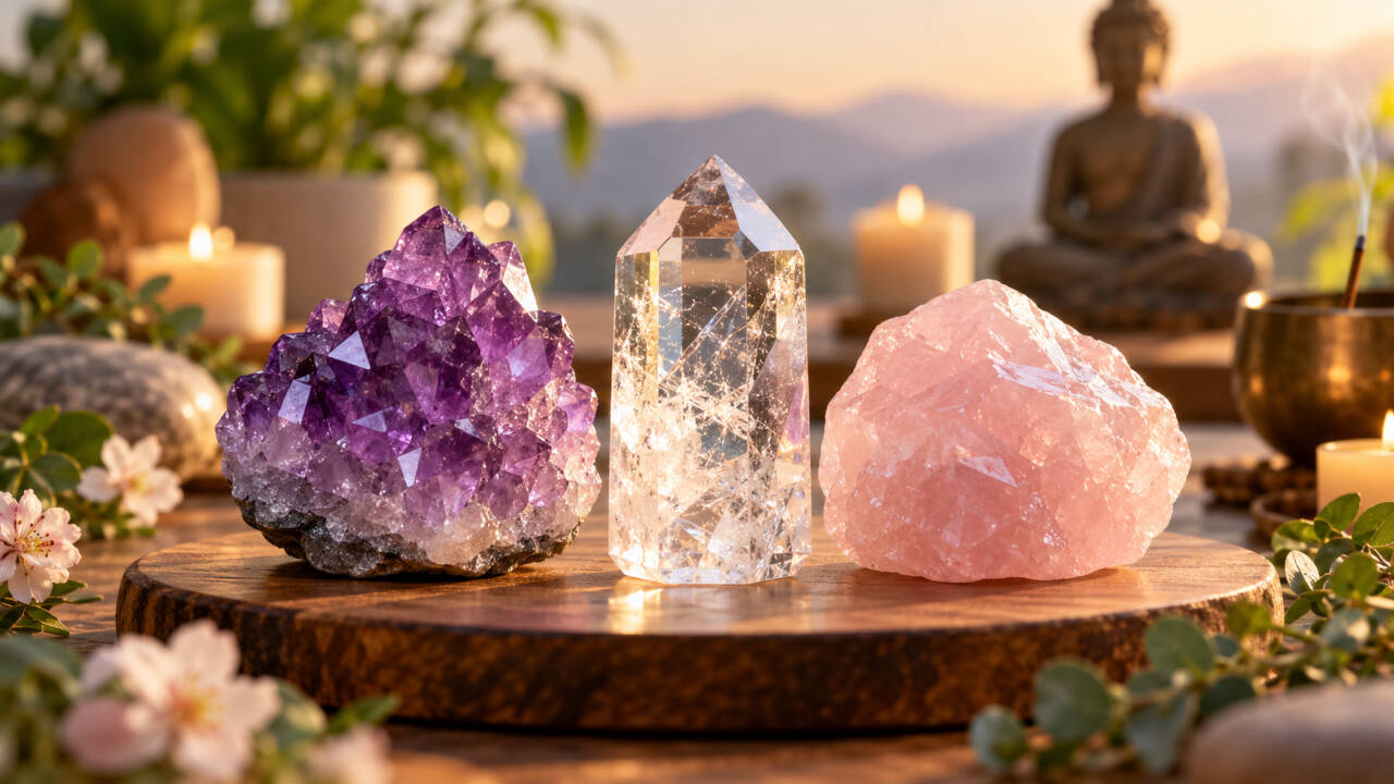 Crystals for festive meditation: Amethyst, quartz, rose quartz guide ...