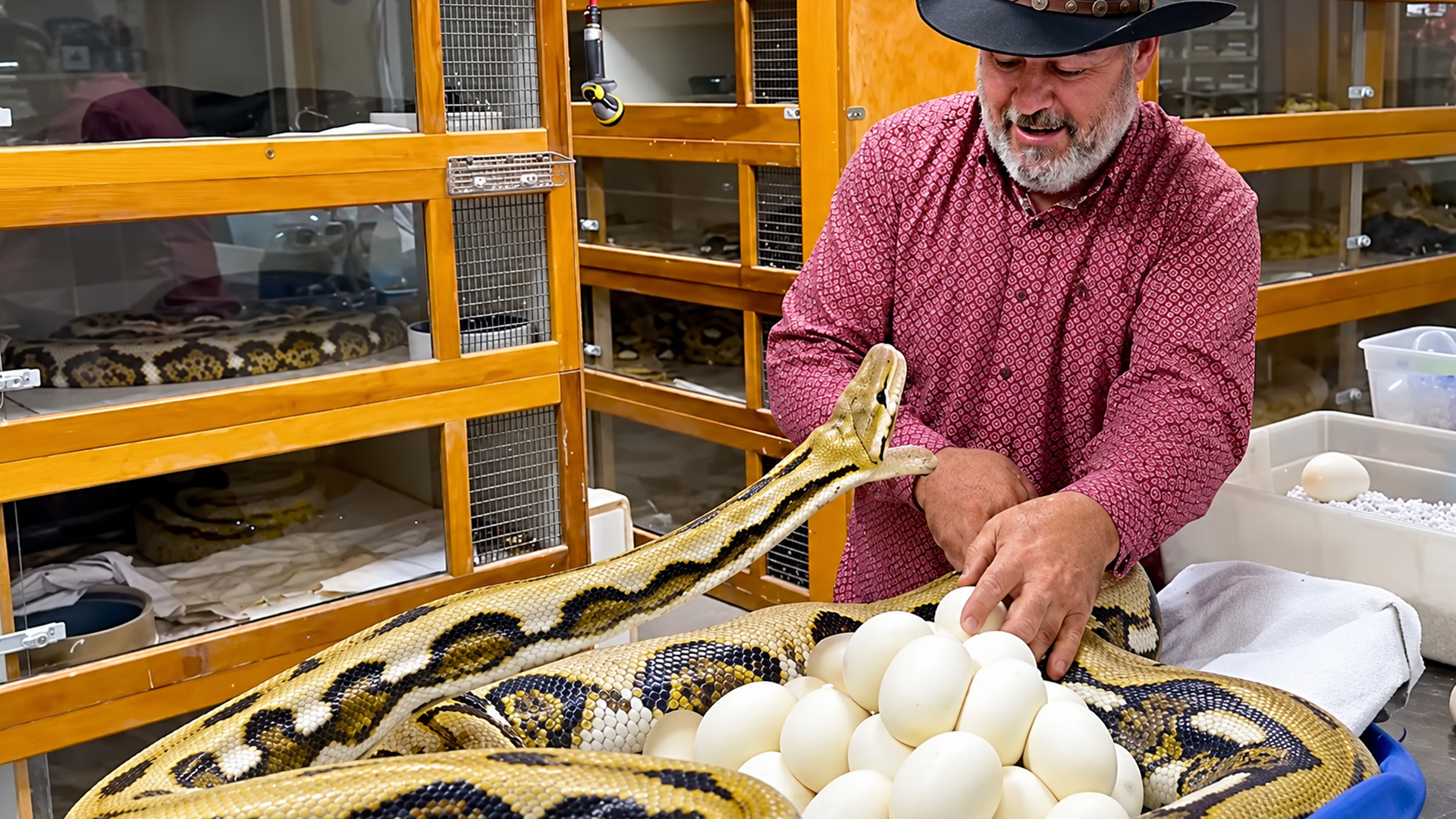He removes 37 python eggs while the mother fights back