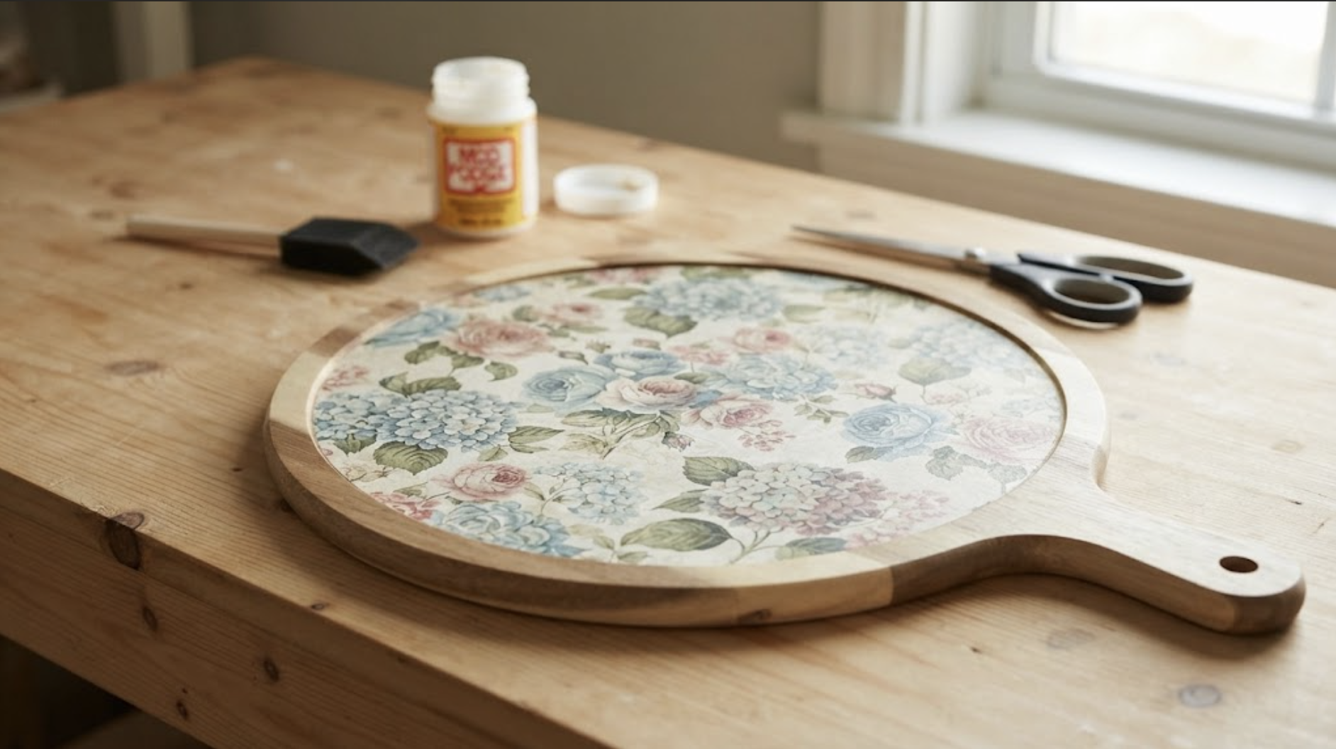 How to make a decoupage wooden serving tray using scrapbook paper