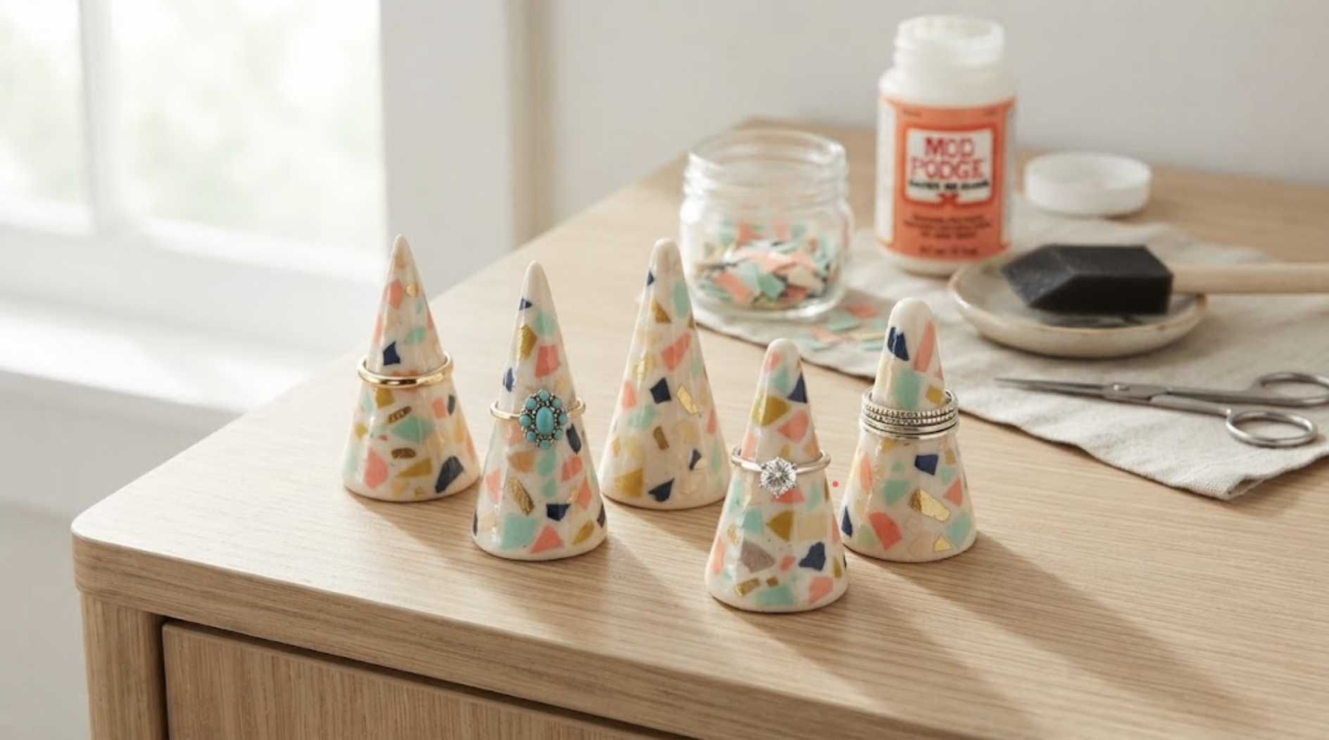 How to create stunning decoupage terrazzo ring cones using Mod Podge