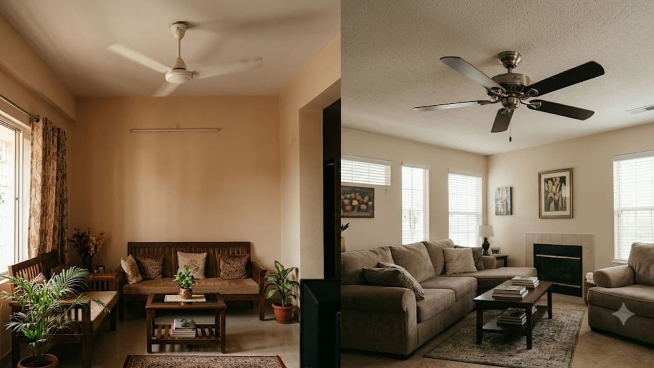 Why do Indian fans have 3 blades, but US fans have 4 or 5?