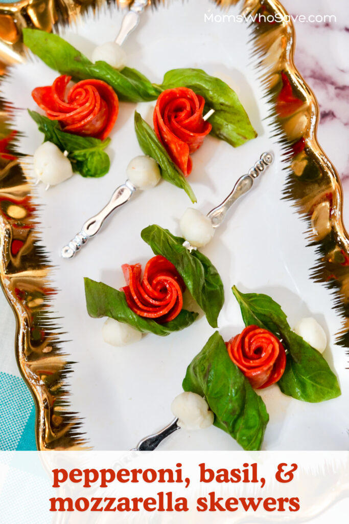 Easy “Flower” Pepperoni, Basil, & Mozzarella Skewers