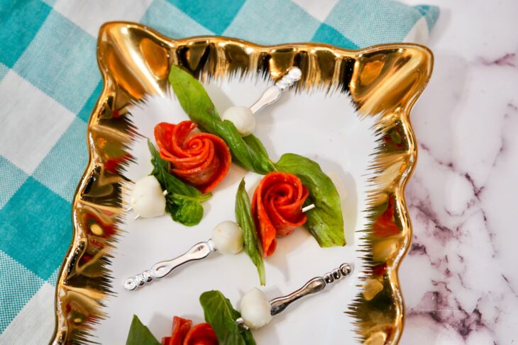 Easy “Flower” Pepperoni, Basil, & Mozzarella Skewers