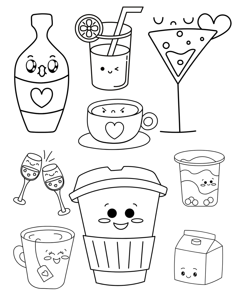 18 cute kawaii food coloring pages