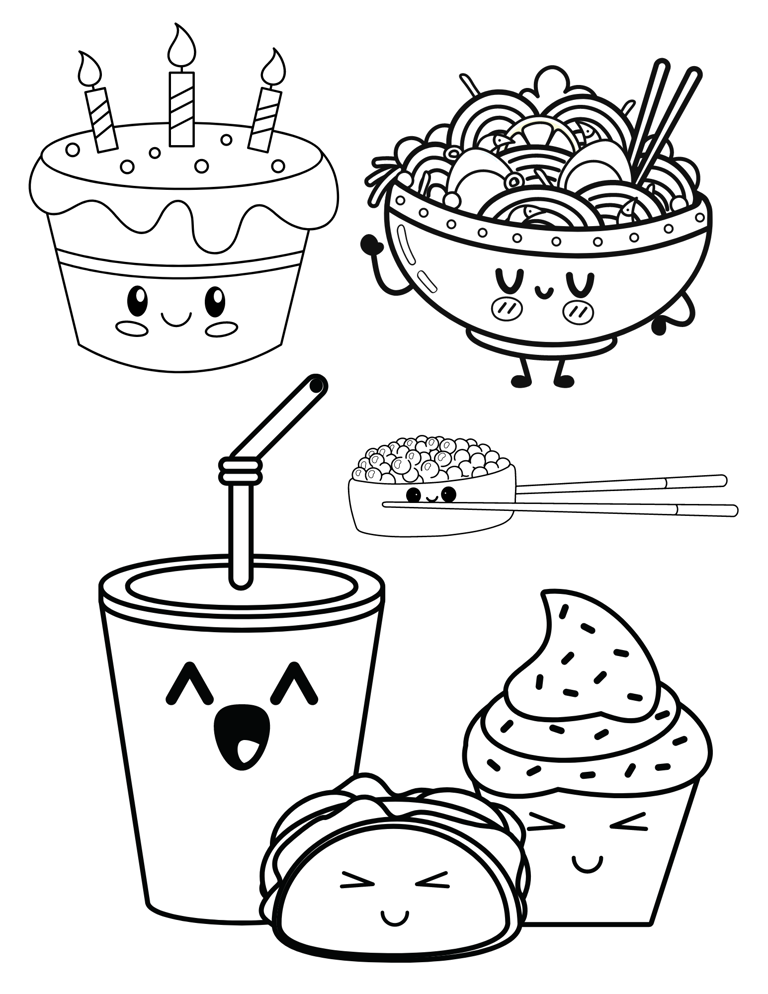 18 cute kawaii food coloring pages