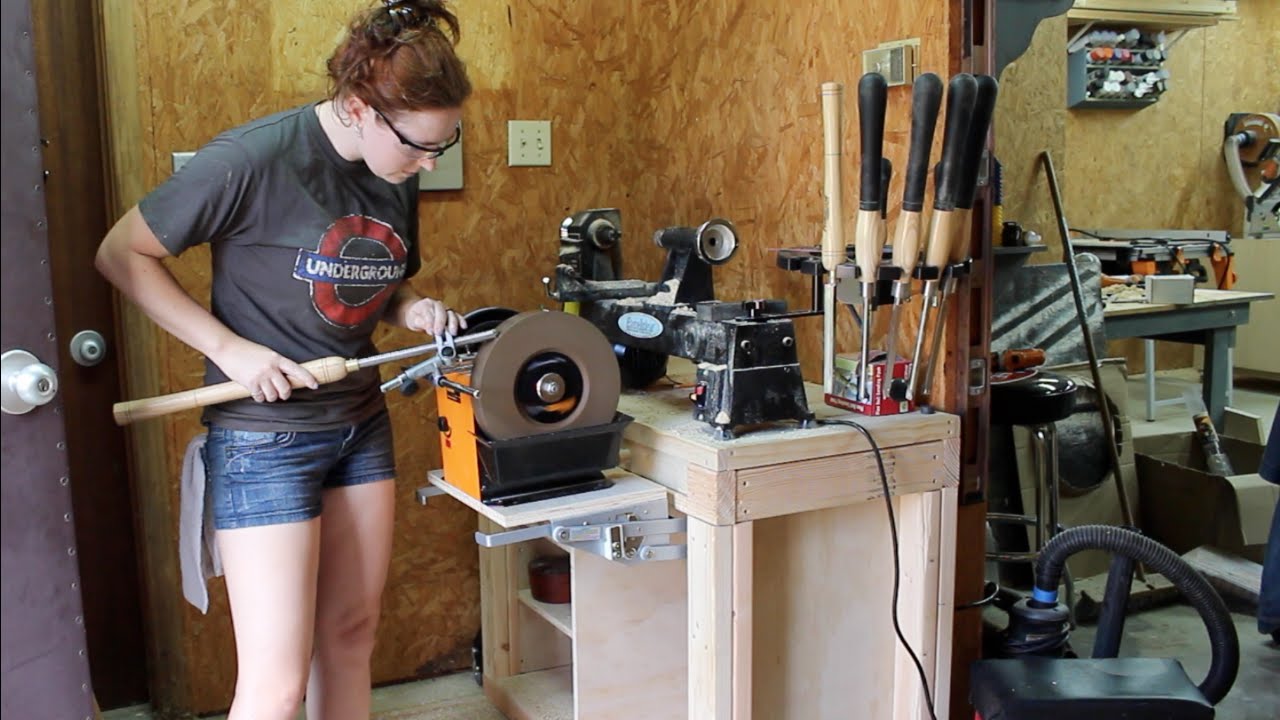 Build a lathe stand with a pull out grinder shelf