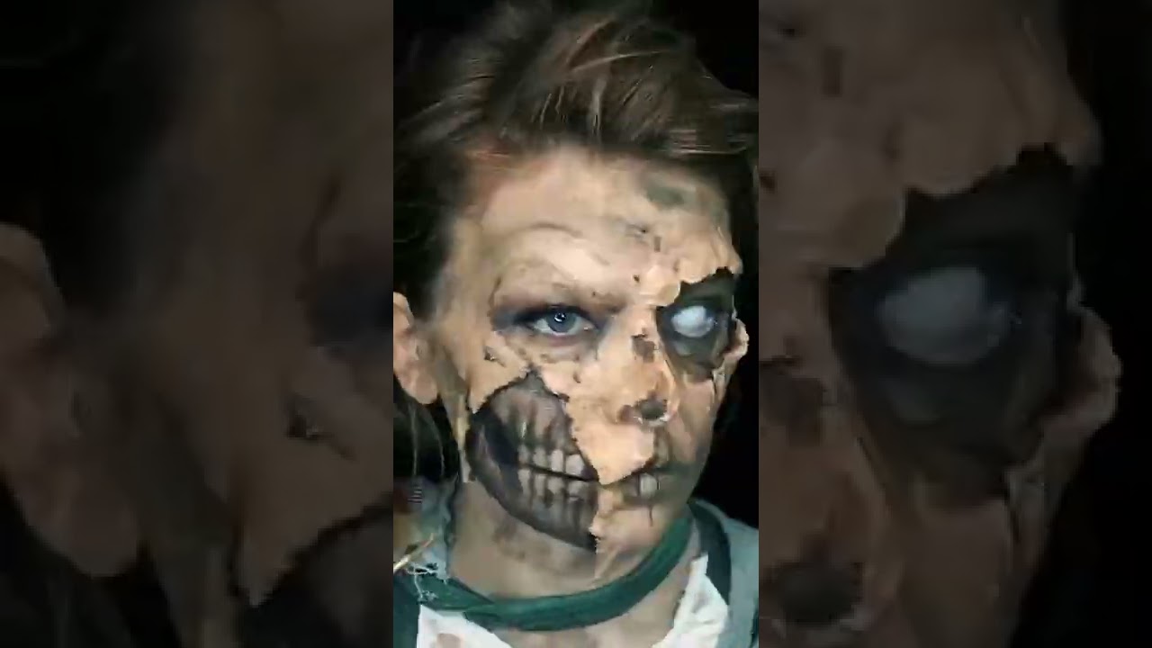 Scary zombie transformation captured with makeup art
