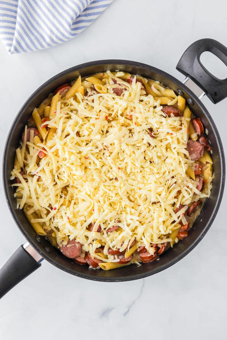 One Pot Cheesy Smoked Sausage Pasta Skillet