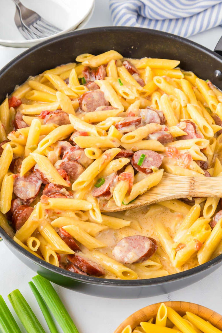 One pot cheesy smoked sausage pasta skillet