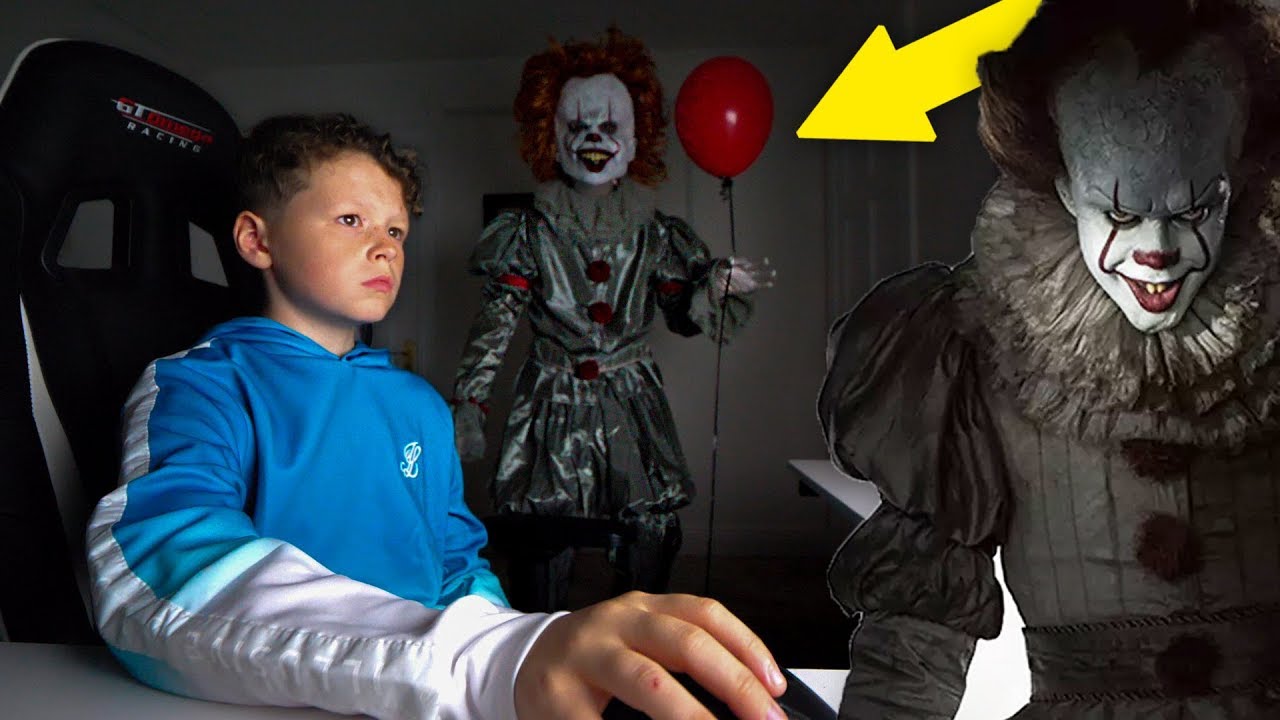 Creepy clown character prank on younger brother