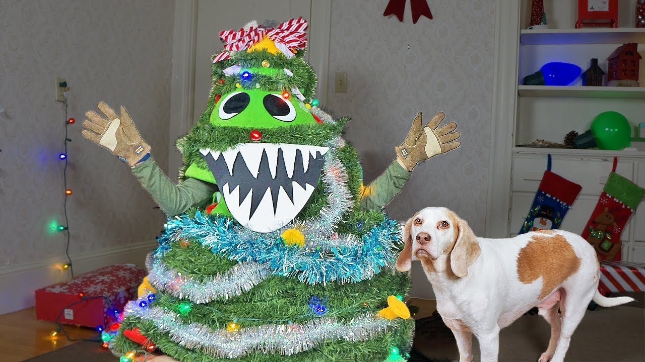 Christmas tree monster pranks dogs
