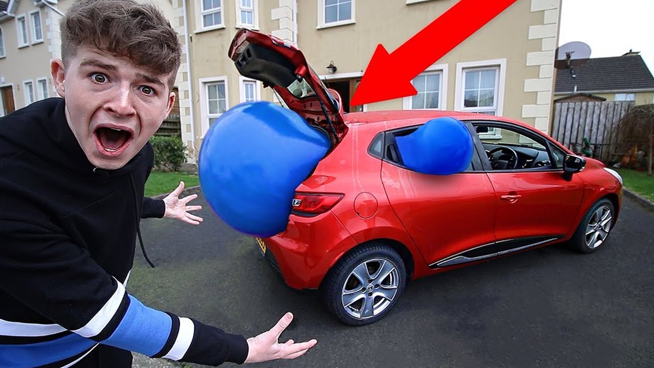 Giant surprise balloon stuck in my big brother's car prank