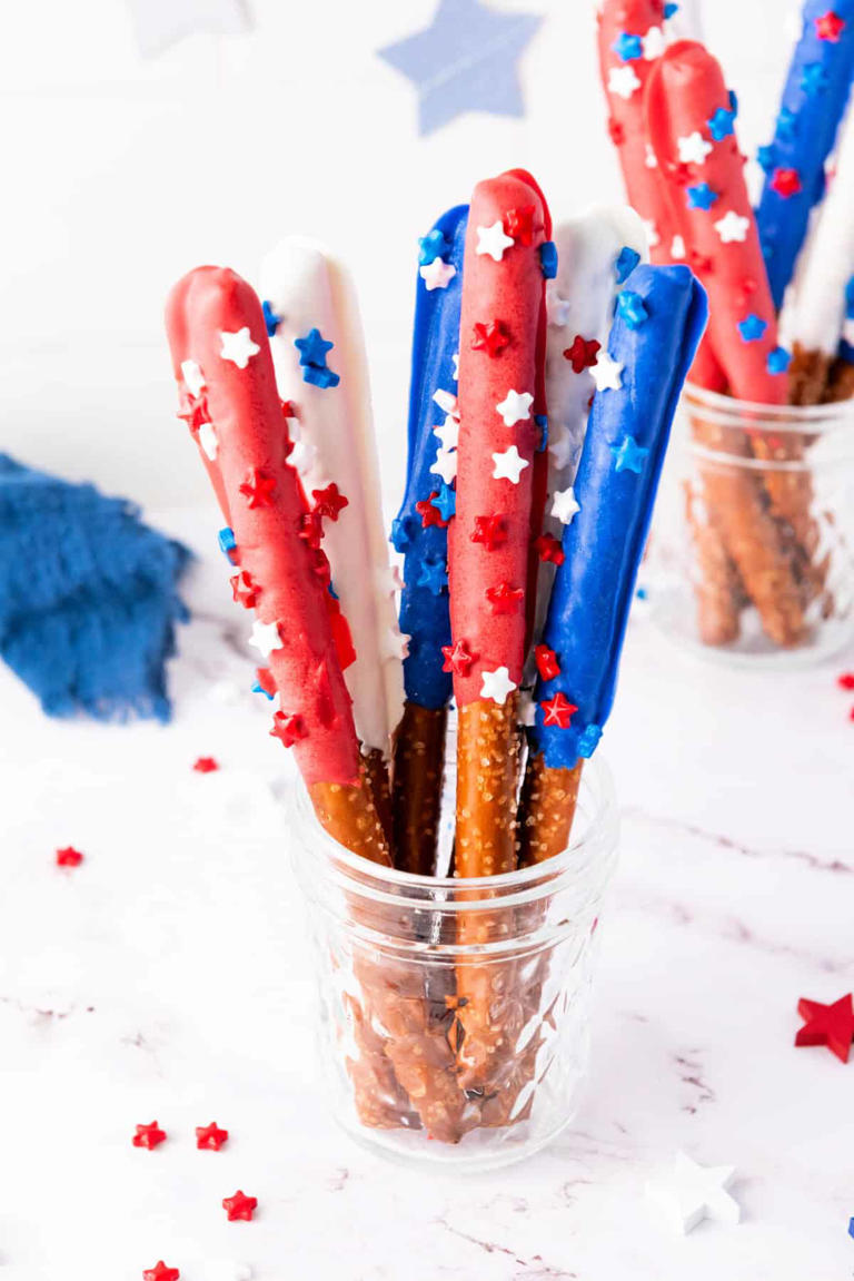 White Chocolate Pretzel Rods for 4th of July