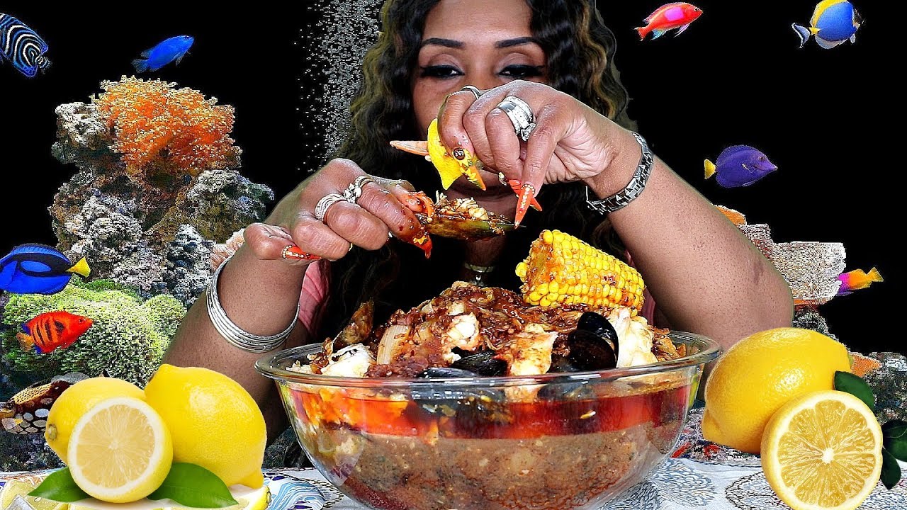 Seafood boil with mussels, crab, scallops, and potatoes