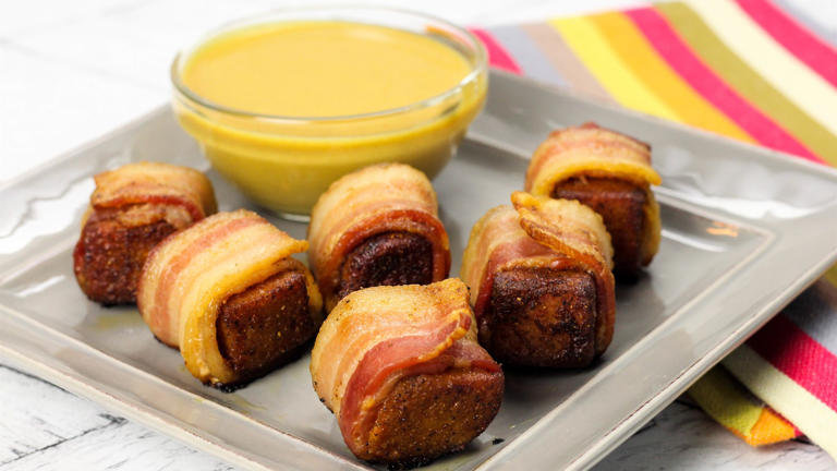 Need A Quick And Easy Appetizer? Bacon Wrapped Spam Bites With Spicy ...