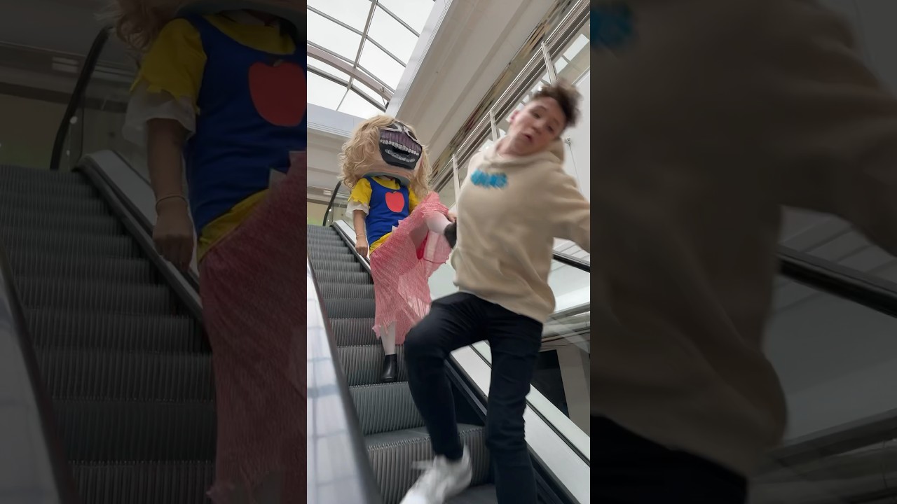 Miss Delight kicks him on the escalator