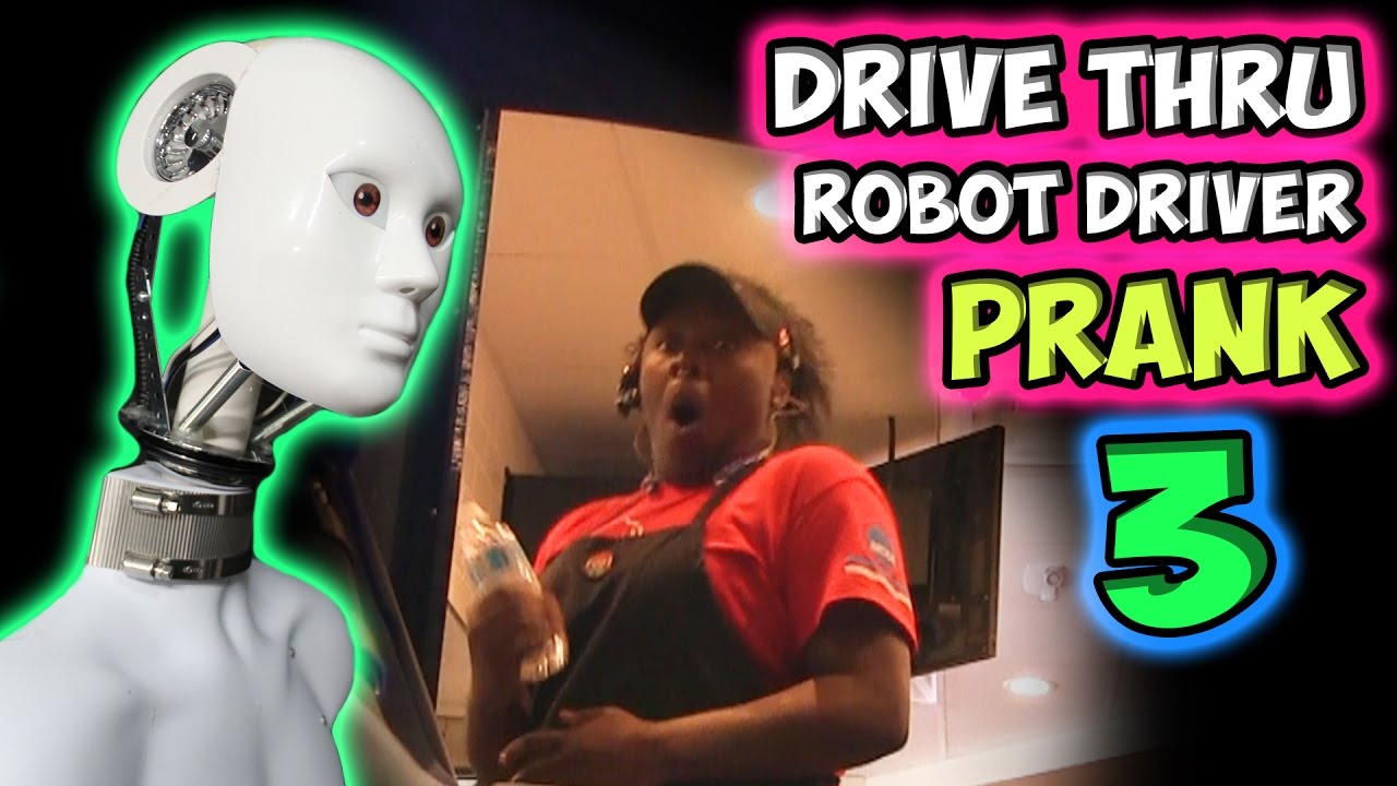 Robot driver prank shocks employees at a drive-thru window