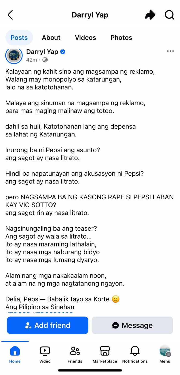 Vic Sotto, Pepsi Paloma trend on X; Darryl Yap reacts to complaint