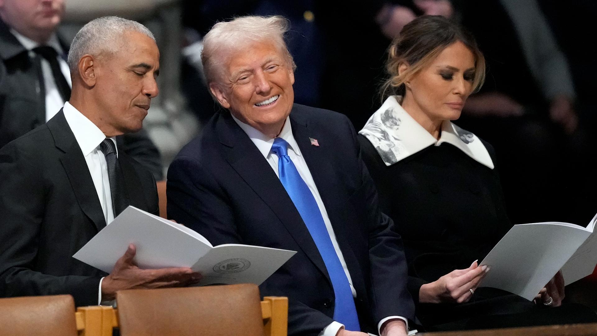 Donald Trump, Barack Obama chat, smile and laugh together at Jimmy ...