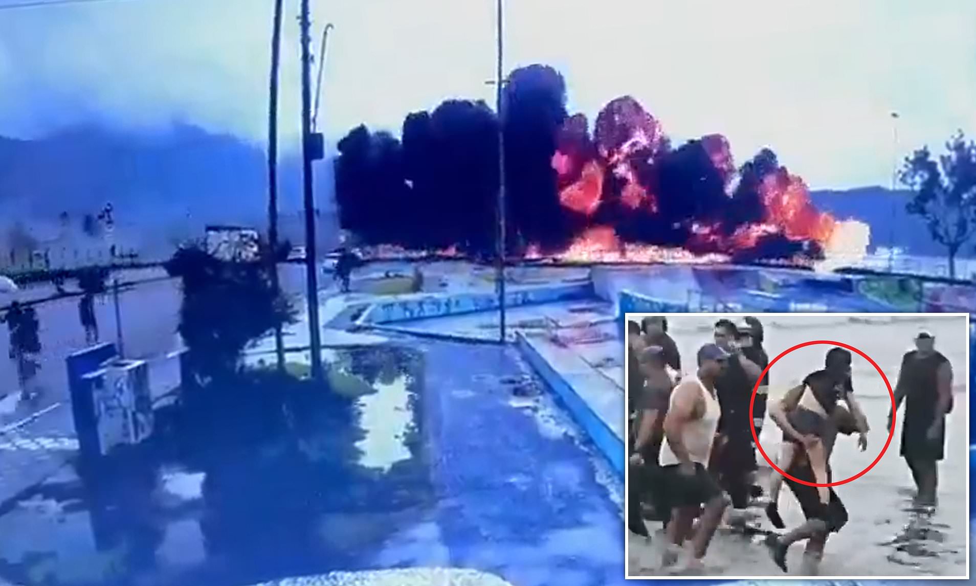 Terrifying moment plane crash-lands and explodes on beach