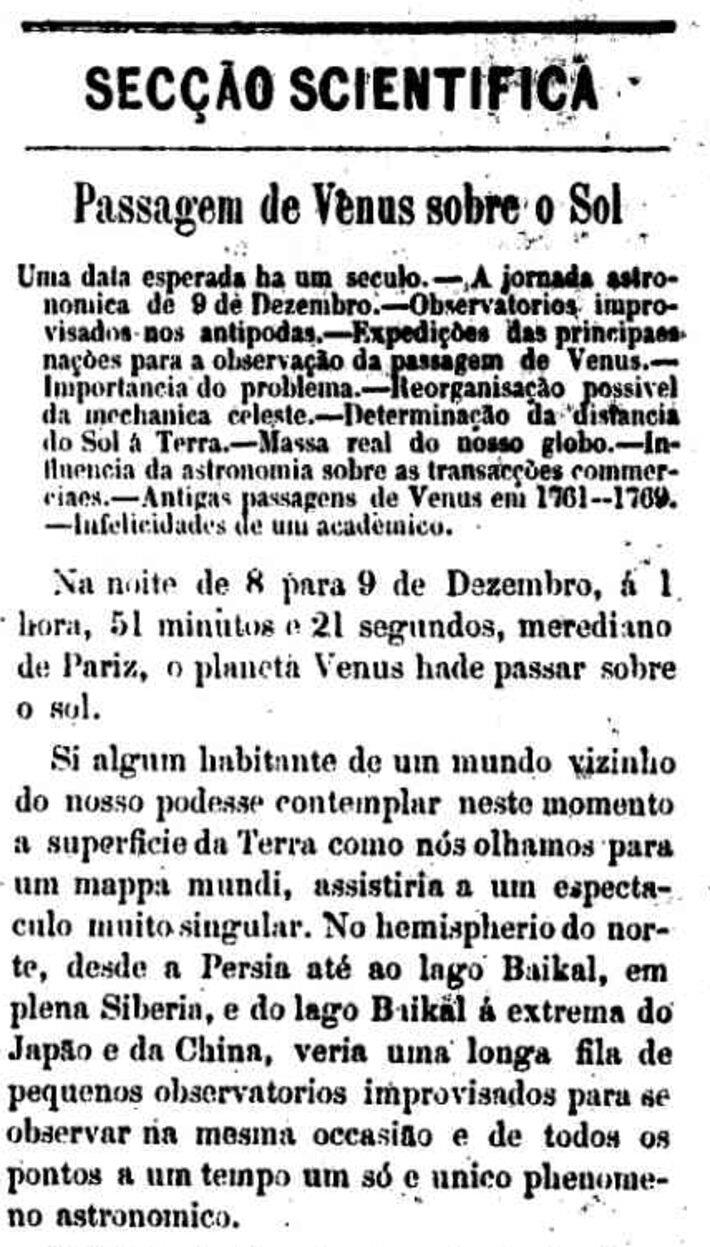 Há 150 anos: Passagem de Vênus sobre o Sol. “Um espectaculo muito singular”