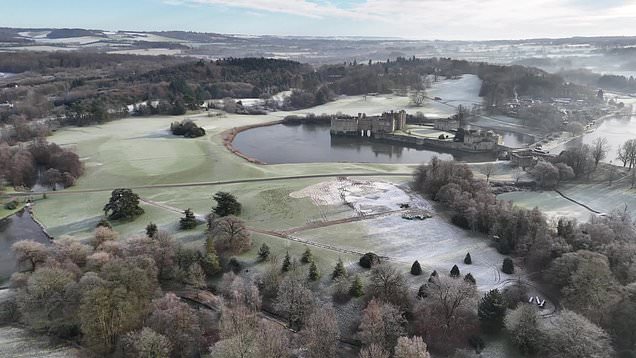 Leeds Castle shimmers in the frost as freezing temperatures hit Kent