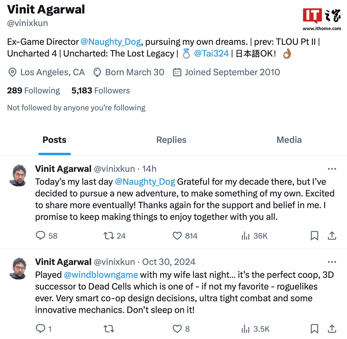 曾参与《神秘海域4》等开发，顽皮狗游戏总监 Vinit Agarwal 离职