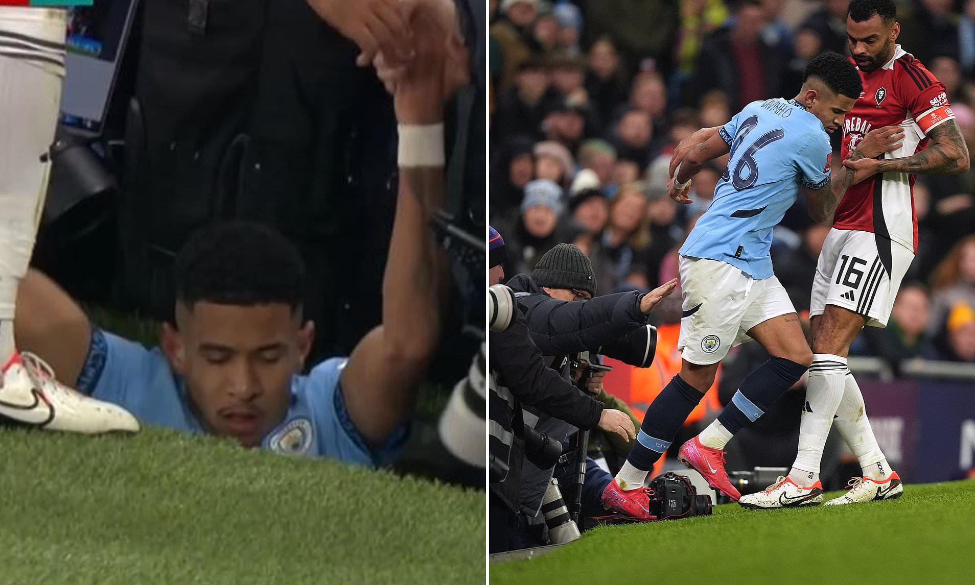 Man City star Savinho narrowly avoids injury after falling off the ...