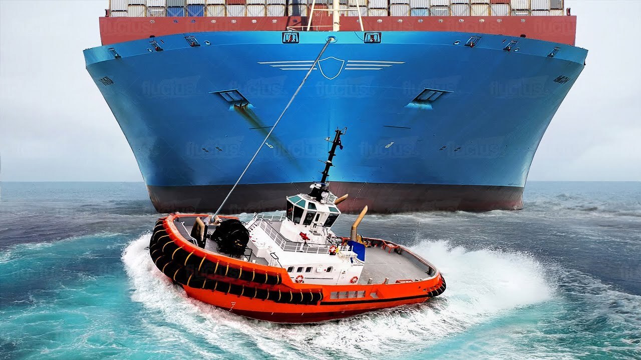 Small tugboat's powerful work: Moving giant ships at sea