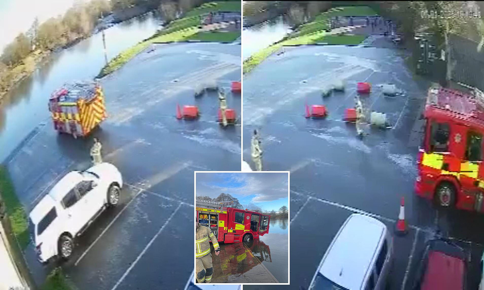 Moment fire engine loses control and skids into icy river