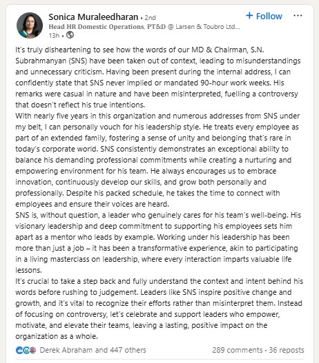 L&T's HR head breaks silence on Chairman SN Subrahmanyan's 90-hour work week remark: ‘A leader ...