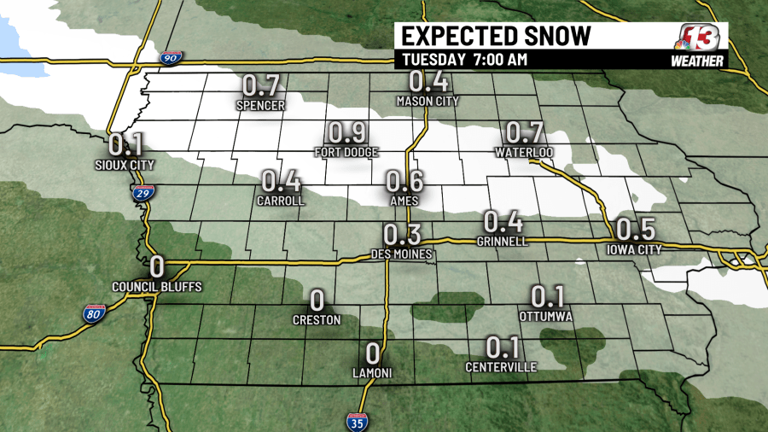 Snowfall in the forecast for Tuesday morning in central Iowa
